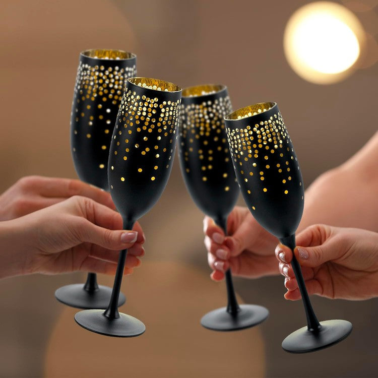 8 oz Matte Black Stemmed Champagne Flutes with Gold Interior and Etche ...
