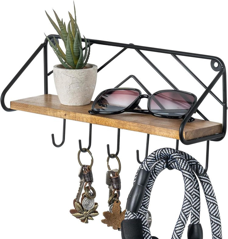 13 Inch Premium Solid Acacia Wood Entryway Key Rack Holder with 6 Hook ...