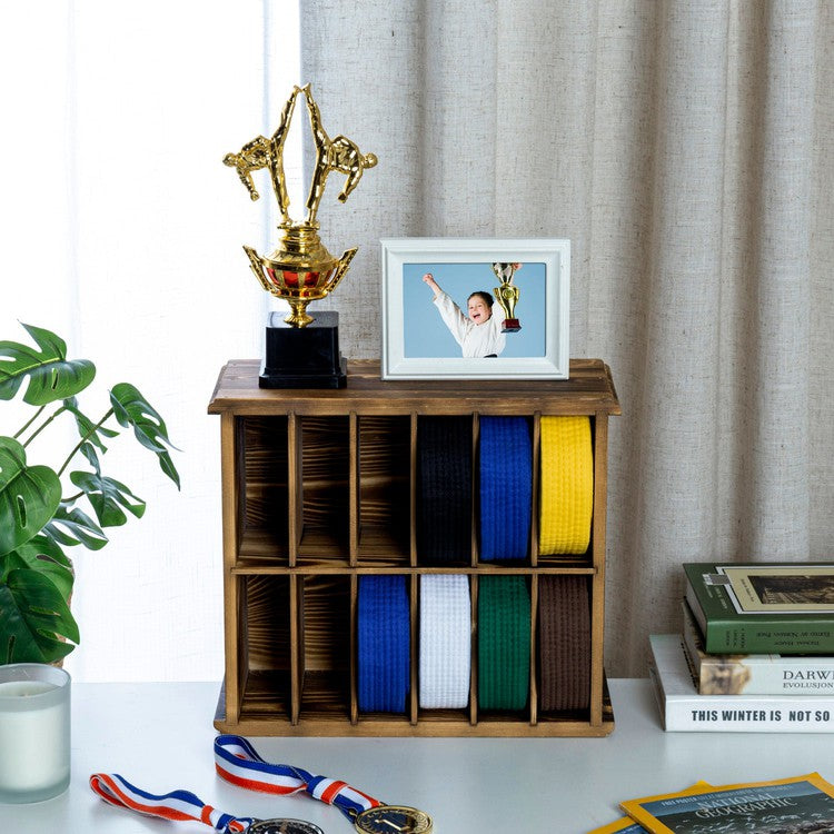 Deluxe 12-Slot Rustic Burnt Wood Wall Mounted Martial Arts Belt Displa ...