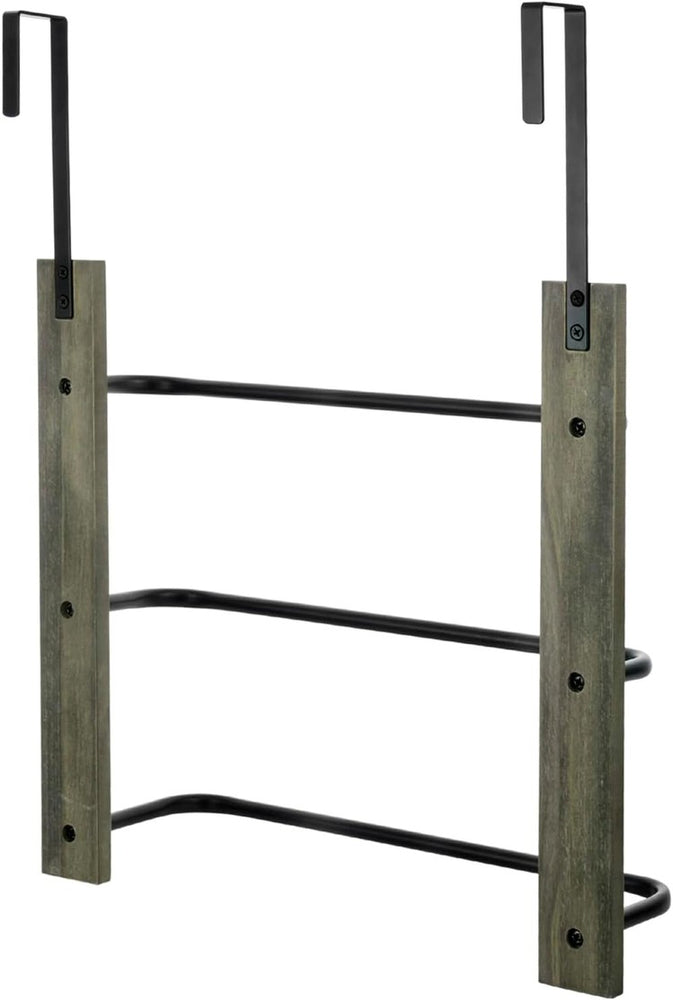 Over the Door Towel Rack in Gray Wood and Tiered Matte Black Metal Bar ...