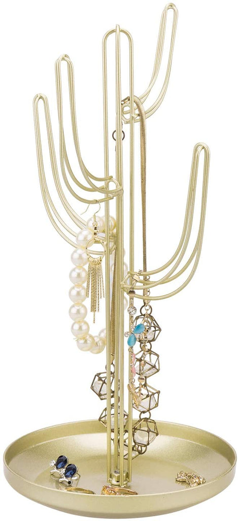 Gold Metal Jewelry Tower Rack with Ring Tray, Cactus-Shaped Jewelry St ...