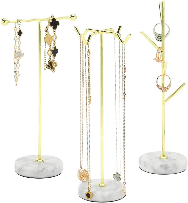 Brass Tone Metal Jewelry Organizer Racks with White Marble Bases, 3 Pi ...