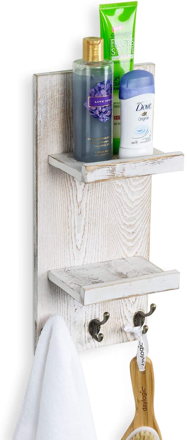 Whitewashed Wood Wall Mounted Bathroom Storage Rack with 3 Metal Hooks ...