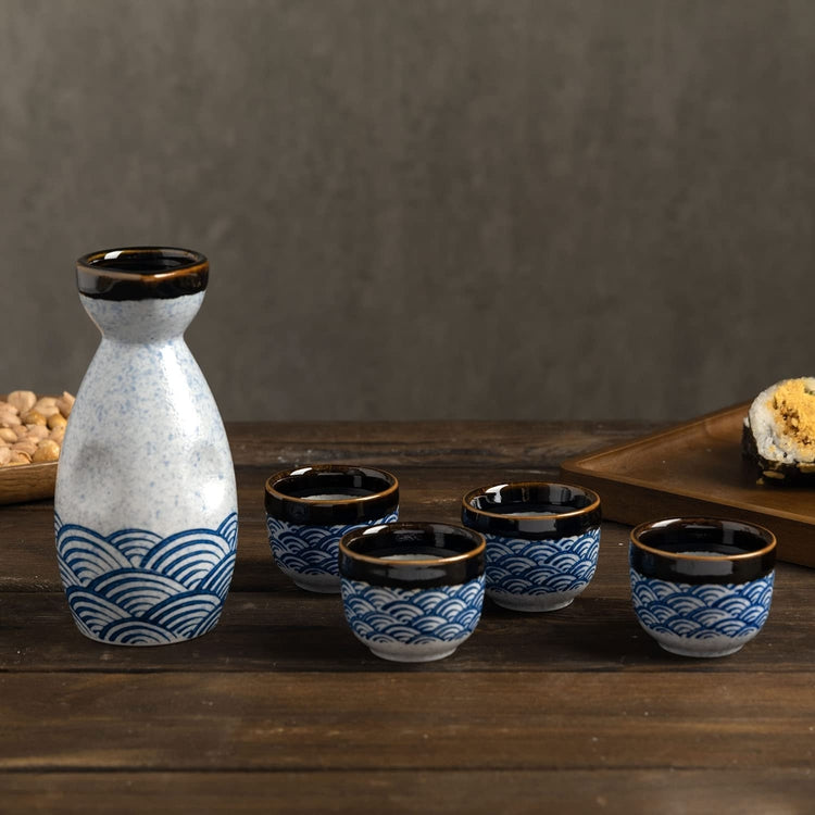 Japanese Glazed Ceramic Sake Set with Oriental Style Blue Ocean Waves ...