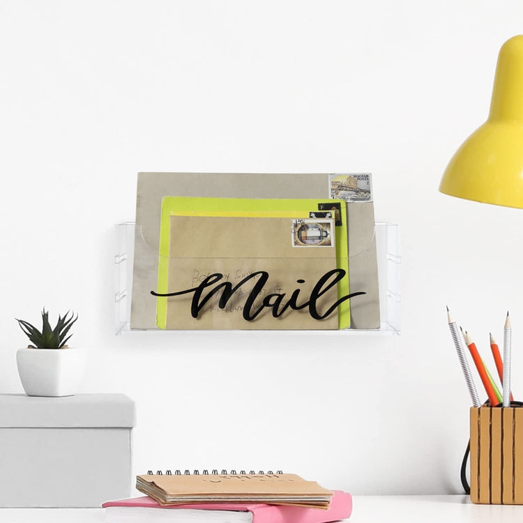 Clear Acrylic Mail Holder with Black Cursive "Mail" Label, Wall Mounte ...