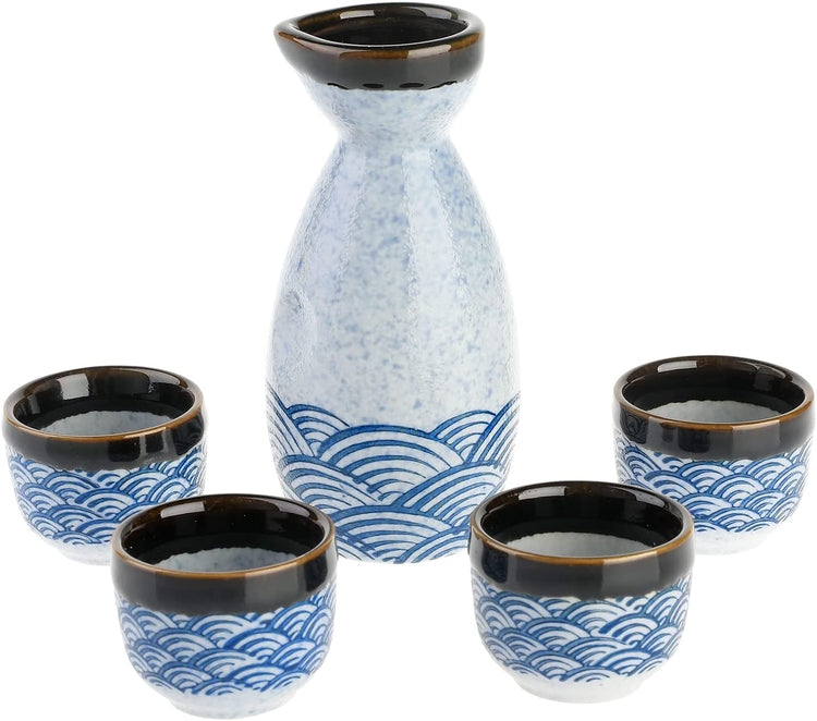 Japanese Glazed Ceramic Sake Set with Oriental Style Blue Ocean Waves ...