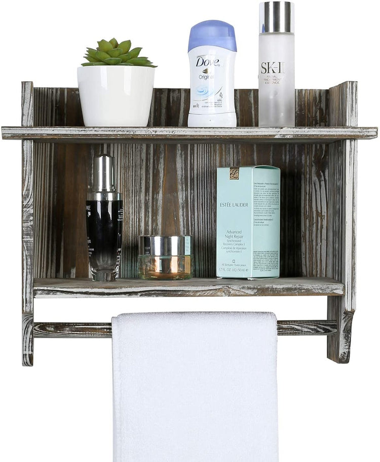 Torched Wood Bathroom Organizer - Wall Mounted Rack with 2 Shelves and ...
