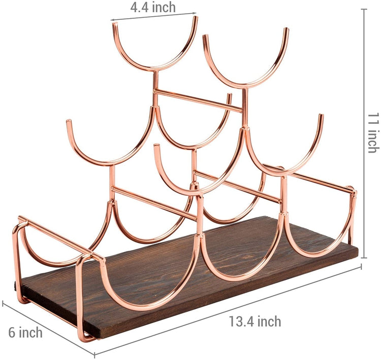6 Bottle Rose Gold Metal Wire Stacked Wine Rack with Burnt Wood Base ...