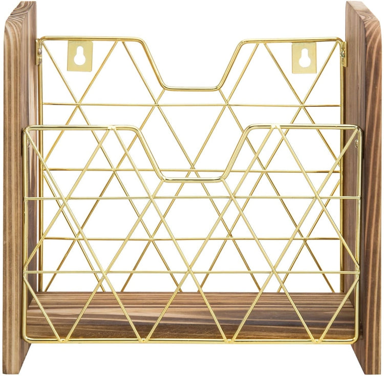 Burnt Wood and Geometric Brass Wire Magazine Holder, Wall Mounted – MyGift