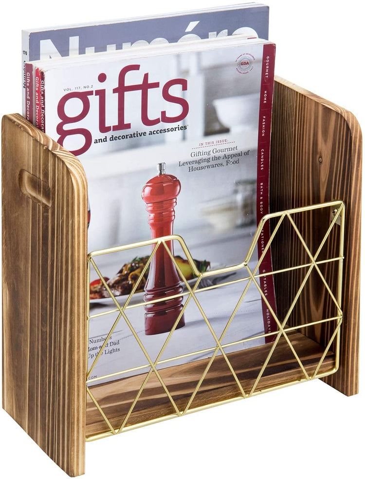Burnt Wood and Geometric Brass Wire Magazine Holder, Wall Mounted – MyGift