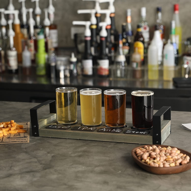 Brown Wood and Black Metal Handles Beer Flight Tasting Tray Set with 4 ...