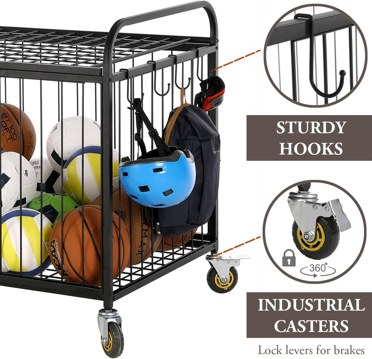 Black Metal Rolling Sports Ball Cage Storage Hopper, Gym Equipment Bas ...