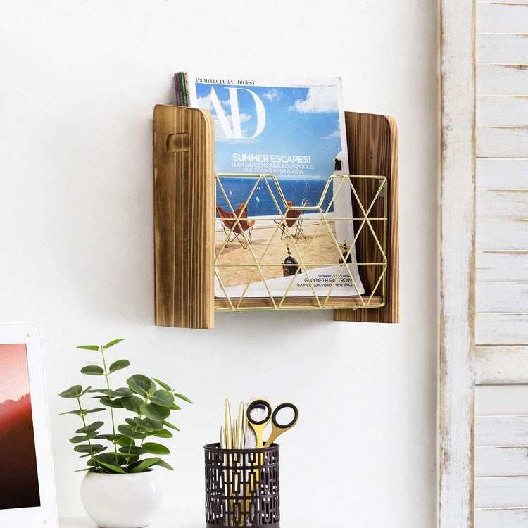 Burnt Wood and Geometric Brass Wire Magazine Holder, Wall Mounted – MyGift