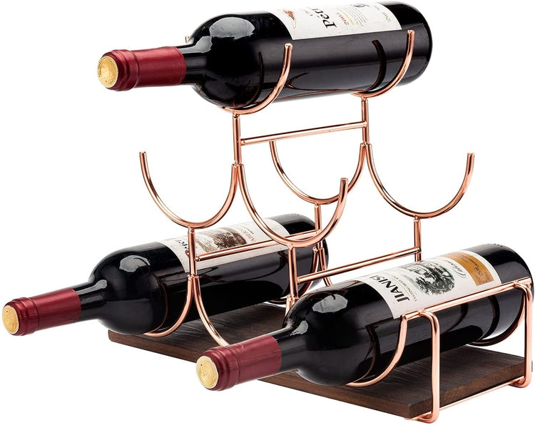 6 Bottle Rose Gold Metal Wire Stacked Wine Rack with Burnt Wood Base ...