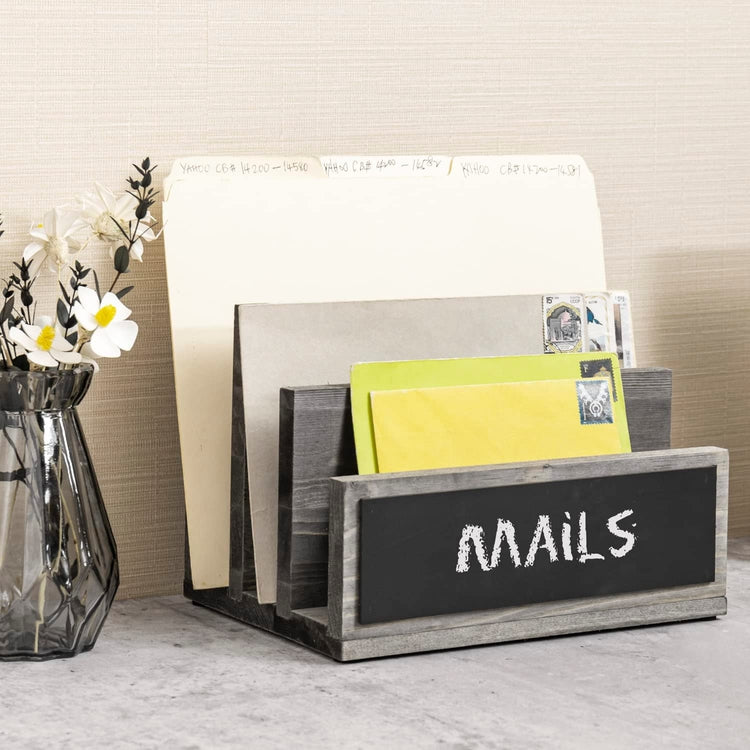 3 Slot Mail Sorter, Gray Wood Letter Organizer, Document Desk Filing F ...