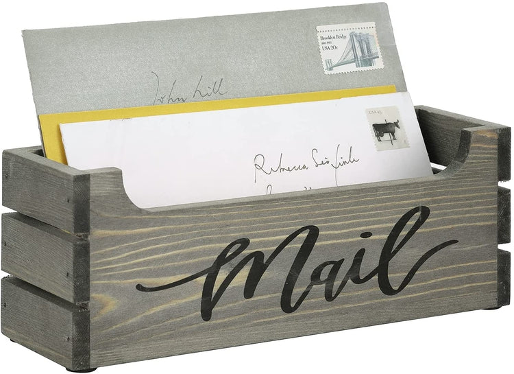 Gray Wood Crate Style Mail Sorter Box with Black Cursive "Mail" Writin ...