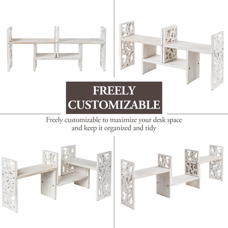 White Washed Solid Wood Adjustable Desktop Shelf, Desk Storage Organiz ...
