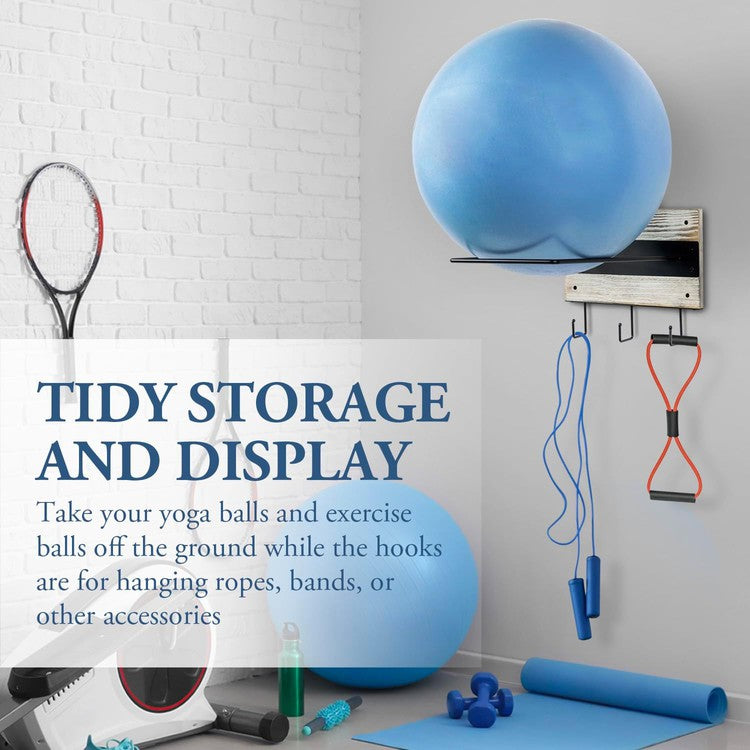 Wall Mounted White Wood and Black Metal Exercise Ball Storage Rack, Ha ...