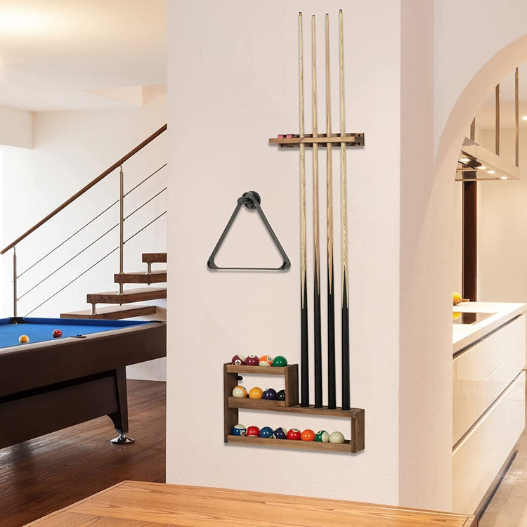 Pool Cue Rack Set, Burnt Wood Billiards Cue Stand Wall Mount Holder, B ...