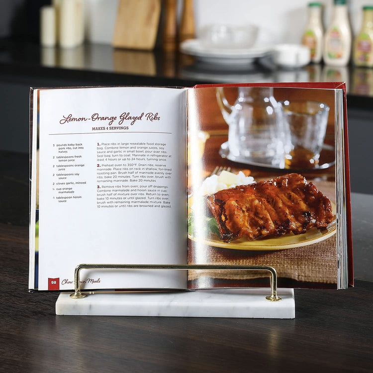 Brass Tone Metal and White Marble Kitchen Countertop Cookbook Holder R ...