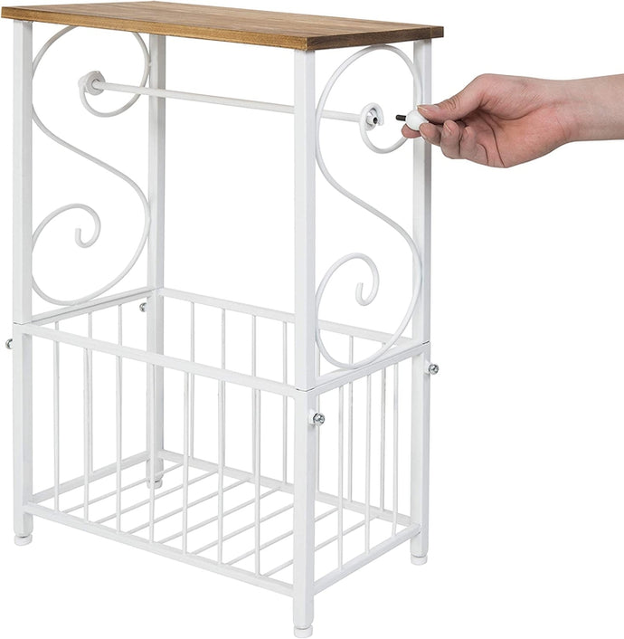 Brown Wood, White Metal Scroll Bathroom Storage Table with Dual Toilet ...