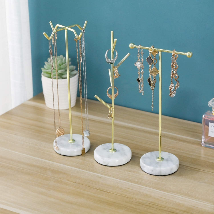 Brass Tone Metal Jewelry Organizer Racks with White Marble Bases, 3 Pi ...