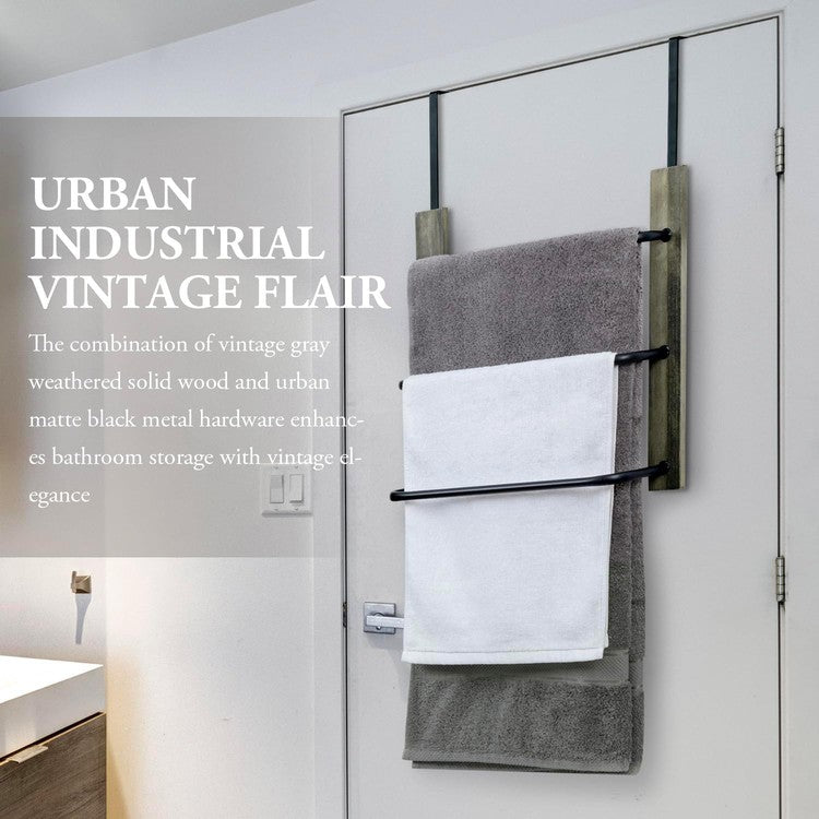 Over the Door Towel Rack in Gray Wood and Tiered Matte Black Metal Bar ...