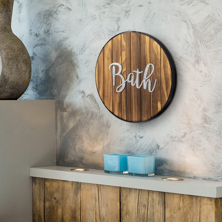 Round Hanging Bath Sign, Farmhouse Wood and Galvanized Cursive Letteri ...