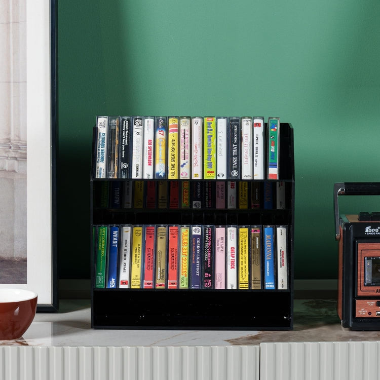 Black Acrylic Compact Cassette Holder with Cutout Carrying Handles, Re ...