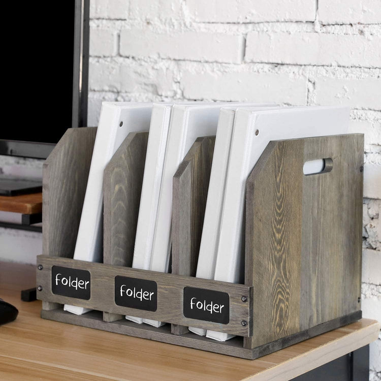 3 Compartment Gray Wood Office File Holder, Document Organizer with Ch ...