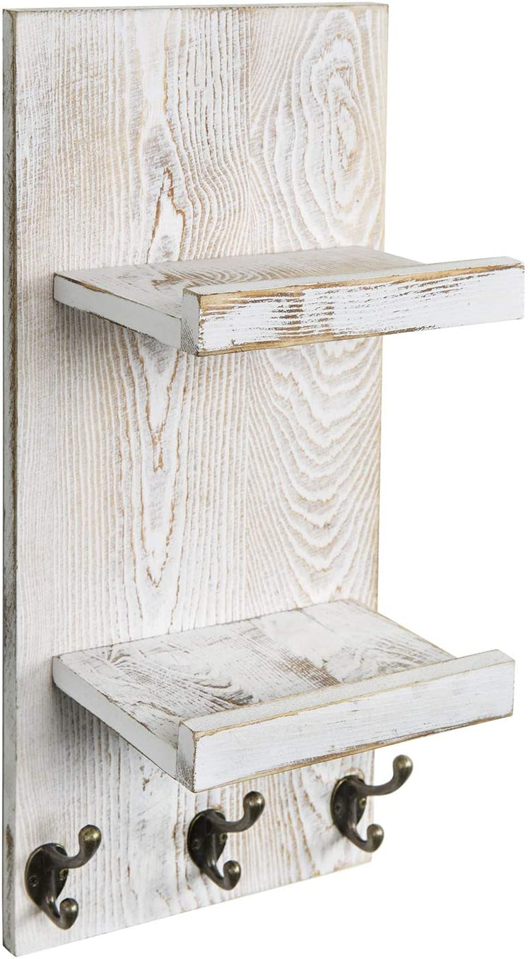 Whitewashed Wood Wall Mounted Bathroom Storage Rack with 3 Metal Hooks ...