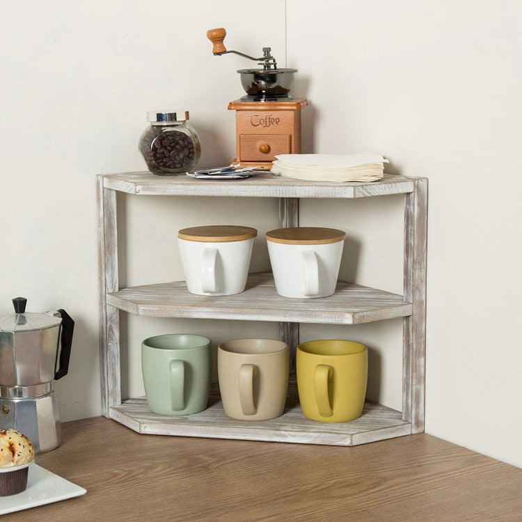 3-Tier Whitewashed Brown Wood Kitchen Counter Top Corner Organizer She ...