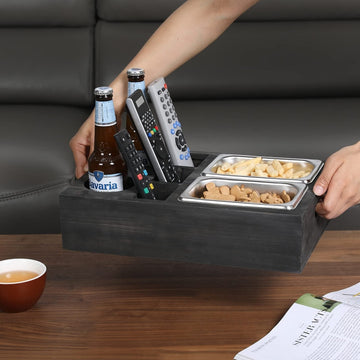 Weathered Gray Wood Sofa Snack Caddy, All-One Serving Crate Tray with ...