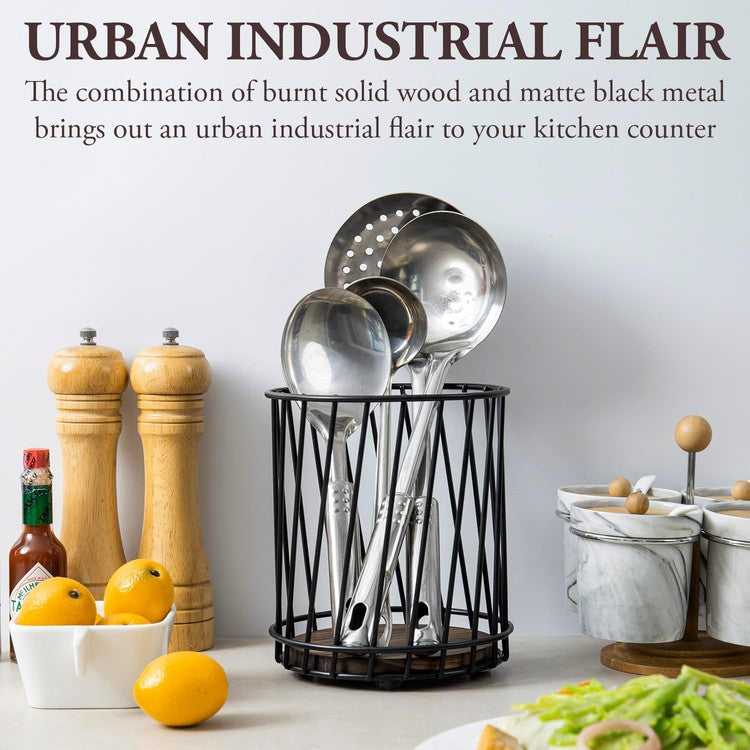 Black Metal and Brown Wood Kitchen Utensils Crock, Countertop Cooking ...