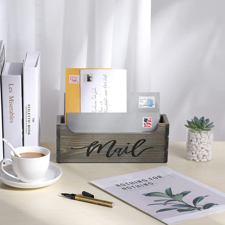 Gray Wood Crate Style Mail Sorter Box with Black Cursive "Mail" Writin ...