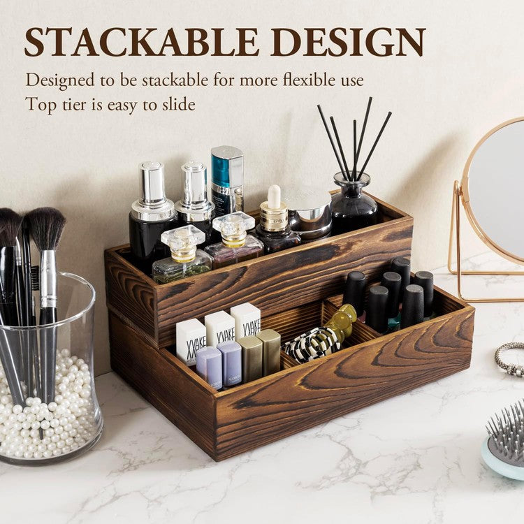 2 Tier Brown Wood Stackable Modular Vanity Storage Organizer Trays, Co ...
