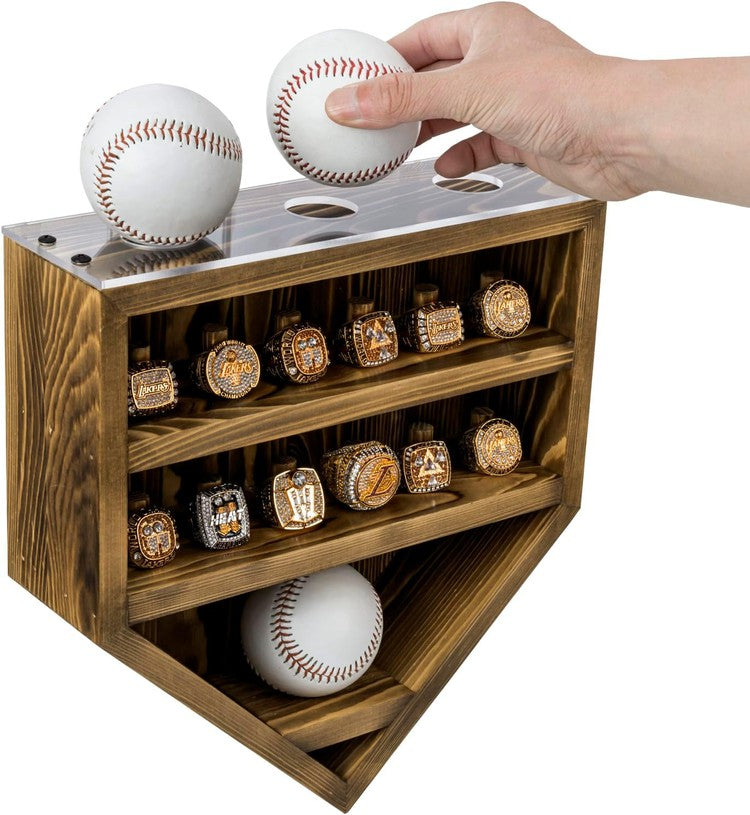 Wall Mounted Brown Wood Baseball Diamond Championship Ring Display Cas ...