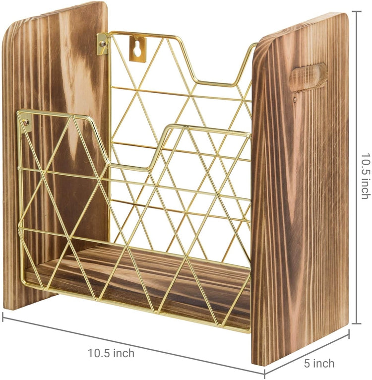 Burnt Wood and Geometric Brass Wire Magazine Holder, Wall Mounted – MyGift
