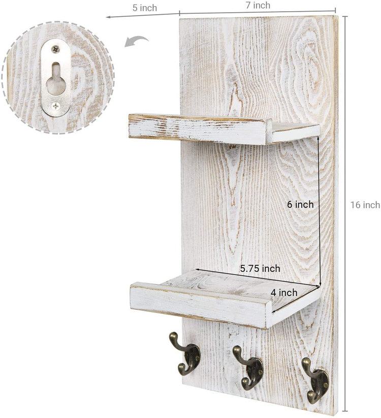 Whitewashed Wood Wall Mounted Bathroom Storage Rack with 3 Metal Hooks ...