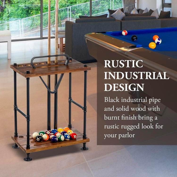 Brown Wood and Black Metal Pool Cue Stick Holder, Ball Holder, and Tri ...