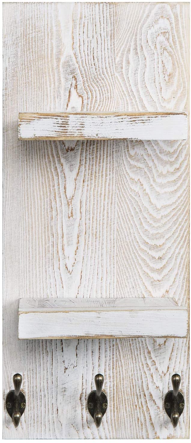 Whitewashed Wood Wall Mounted Bathroom Storage Rack with 3 Metal Hooks ...