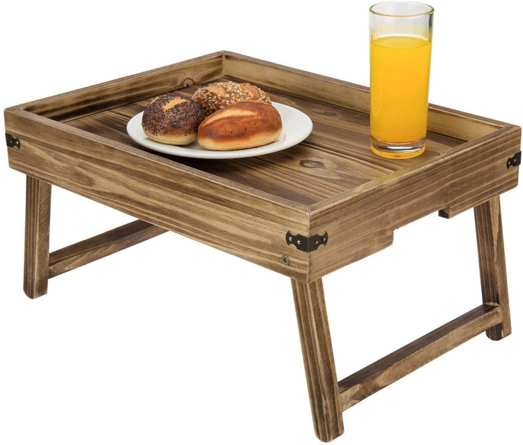 Rustic Dark Brown Wood Breakfast Serving Tray with Foldable Legs – MyGift