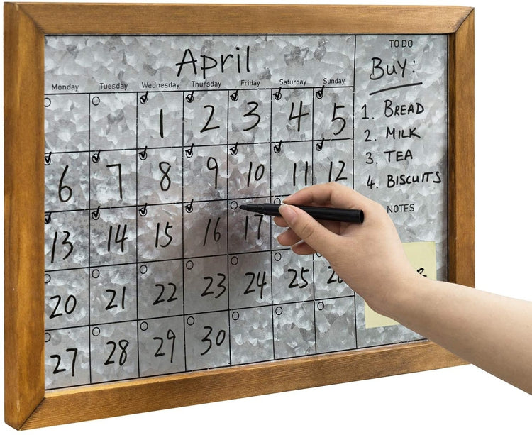 Wall Mounted Galvanized Silver Metal Dry Erase Board Calendar with Bro ...