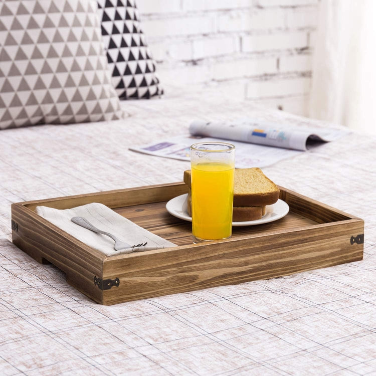 Rustic Dark Brown Wood Breakfast Serving Tray with Foldable Legs – MyGift