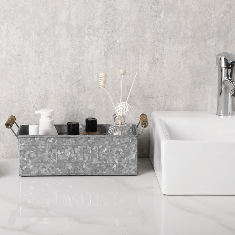 Galvanized Metal Rectangular Storage Basket with Wood Handles, Bathroo ...