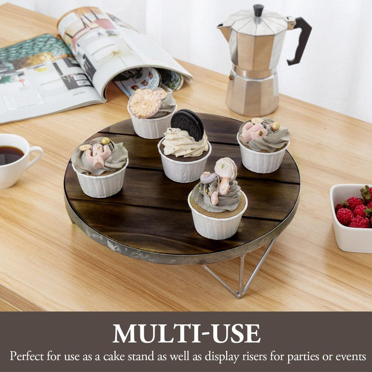 12 Inch Round Brown Wood Cake Stand Dessert Cupcake Holder with Galvan ...