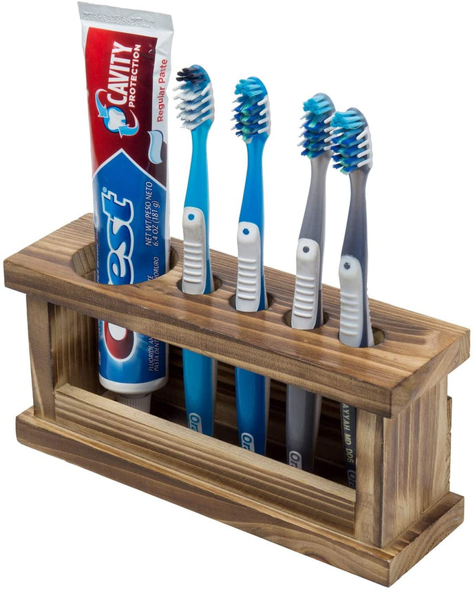 4-Slot Burnt Wood Wall Mounted Toothbrush and Toothpaste Holder Rack ...