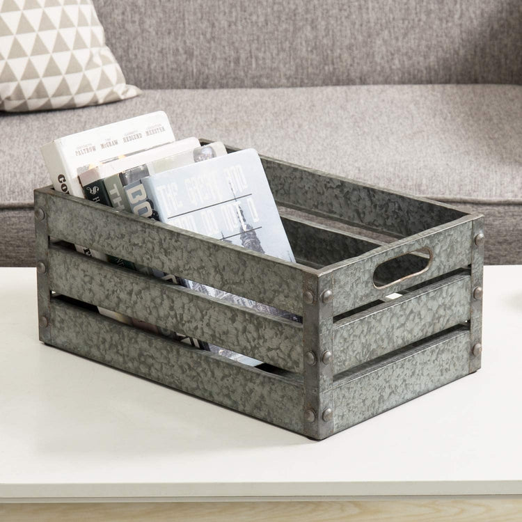 Silver 16-inch Galvanized Metal Storage Crate Display Box with Corner ...