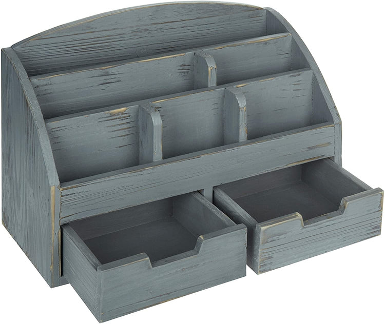 6-Compartment Dark Grey Distressed Wood Desk Organizer with 2 Drawers ...