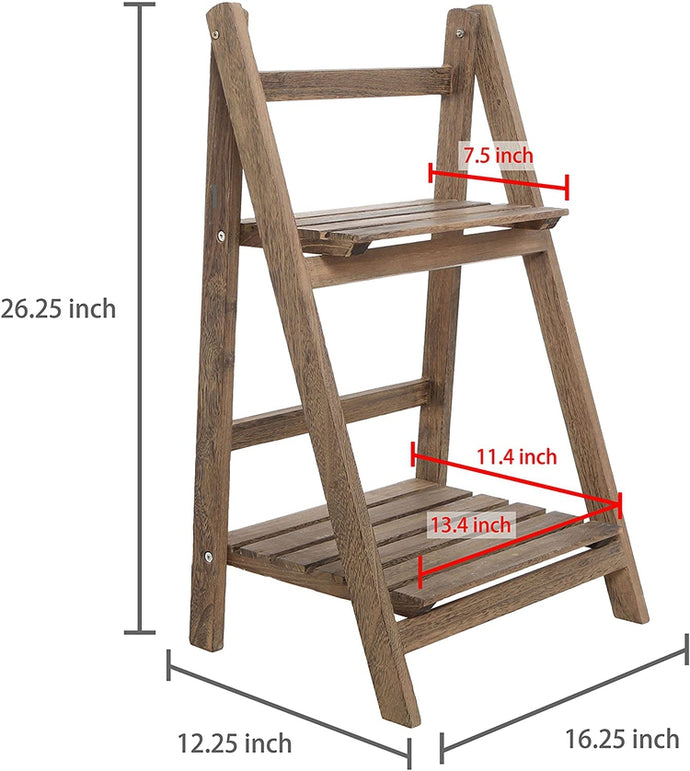 Rustic Brown Wood 2-Tier Freestanding Foldable Shelf Rack or Decorativ ...